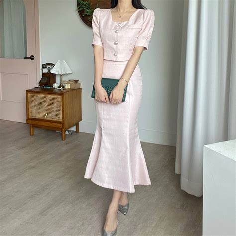 단품 세트가능아즈카 트위드 스퀘어 오각 하트넥 크롭 숏 자켓 H라인 롱 머메이드 스커트 투피스 블루 핑크 여름 셋업 세트3color