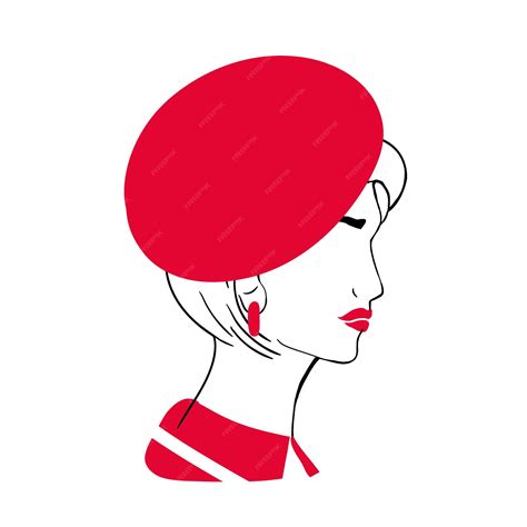 아름 다운 세련 된 젊은 여자의 개요 초상화입니다 흰색 배경에 격리된 밥 머리 빨간 입술 귀걸이 베레모 모자를 쓴 세련된