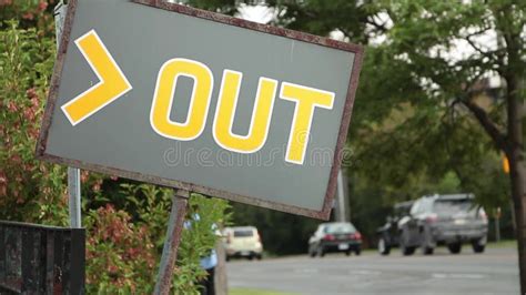 Out Word Caption Text Horizontal Gray Yellow Crooked Out Sign Exit Entrance Stock Footage