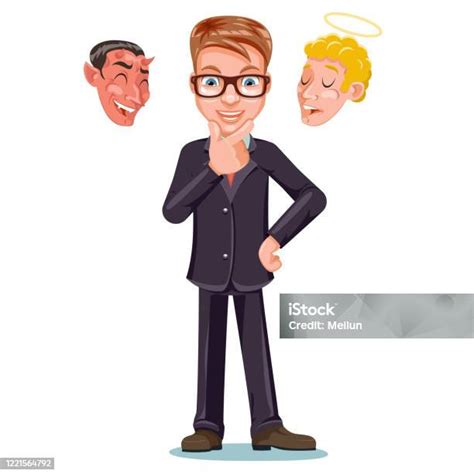 의사 결정 사업가 남성 손 스크래치 턱 만화 캐릭터 디자인 벡터 일러스트 변환 남자에 대한 스톡 벡터 아트 및 기타 이미지