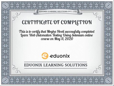 Completion Certificate For Learn Web Automation Testing Using Selenium