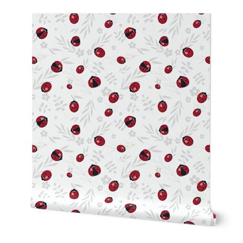 Lady Bug White And Grey Wallpaper Wallpaper Spoonflower