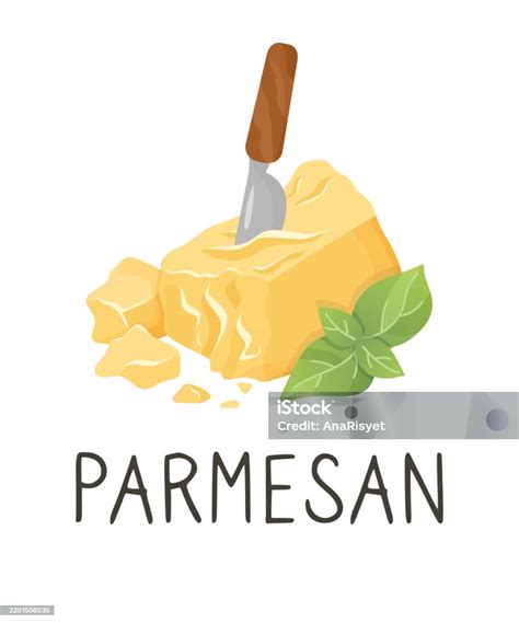 바질과 나이프를 곁들인 파마산 치즈 유기농 농장 식품 디자인 요소 로고 포스터 메뉴에 대한 만화 평면 그림 흰색 배경에 고립되어 있습니다 건강한 식생활에 대한 스톡 벡터