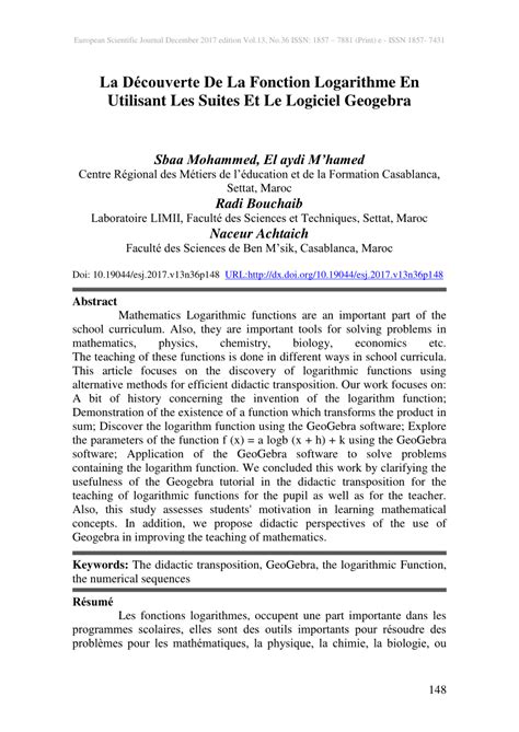 Pdf La Découverte De La Fonction Logarithme En Utilisant Les Suites