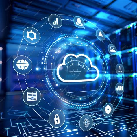 Cloud Computing Data Storage And Technology Concept With Icons Over Server Room Background