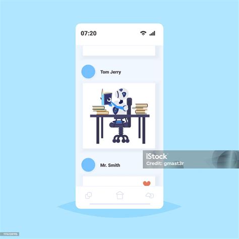 인공 지능 기술 교육 개념 스마트 폰 화면 모바일 응용 프로그램을 연구 직장 책상에 앉아 귀여운 로봇 독서 책 로봇 캐릭터 평면