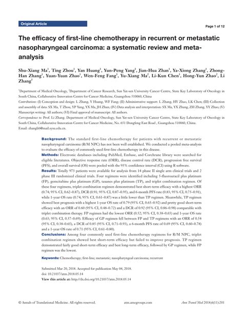 Pdf The Efficacy Of First Line Chemotherapy In Recurrent Or Metastatic Nasopharyngeal
