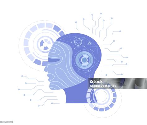 인공 지능 Ai 미래 기술 디지털 두뇌 기계 학습 데이터 마이닝 인간의 얼굴을 가진 로봇 머리 디지털 회로 신경망이있는 뇌 흰색