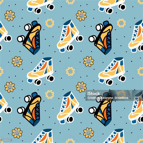 귀여운 복고풍 롤러 스케이트 포장지를 위한 빈티지 질감 만화 70년대 80년대 만화 스타일 배경 빈티지 히피 스타일 롤러 스케이트에 대한 스톡 벡터 아트 및 기타 이미지