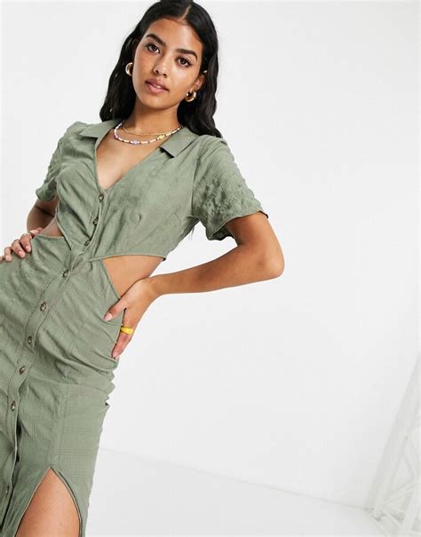 Asos Design Button Through Cut Out Side Midi Dress In Self Check In