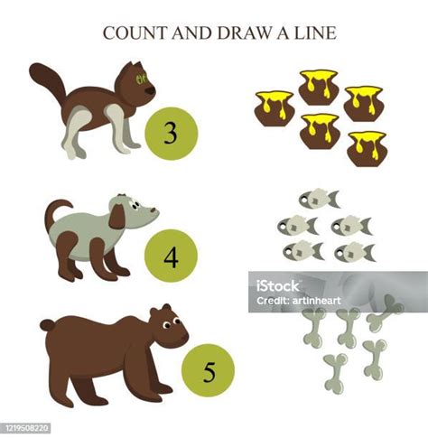 카운트 및 선 계정 숫자 수학 누가 무엇을 먹는에 대한 작업 미취학 아동을위한 작업을 그립니다 개발에 대한 스톡 벡터 아트 및 기타 이미지 Istock
