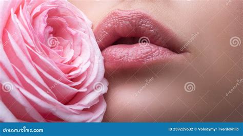 Close Up Woman Natural Lips And Pink Rose Banner Of Lips With Lipstick