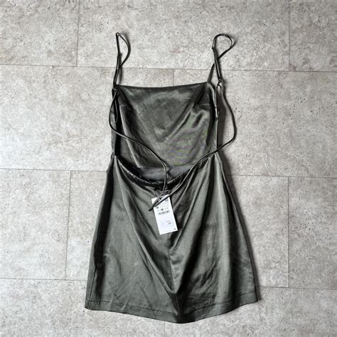 Zara Satin Khaki Mini Dress With Tie Back And Depop
