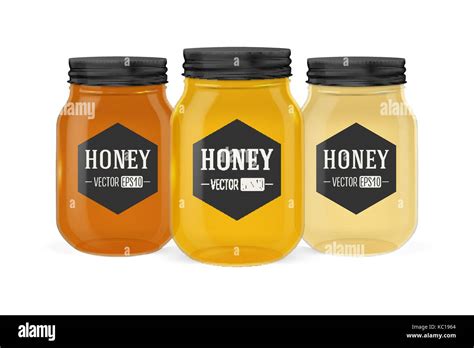 Vector Realistic Glass Jar Of Honey Set With Golden Lid Closeup