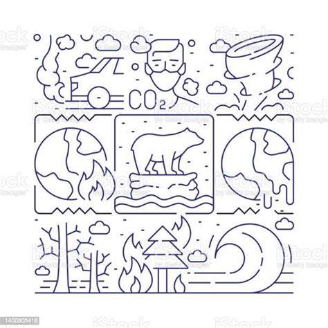 지구 온난화 물체와 요소 선 아이콘 그림 모음입니다 아이콘 세트 또는 배너 템플릿 가뭄에 대한 스톡 벡터 아트 및 기타 이미지