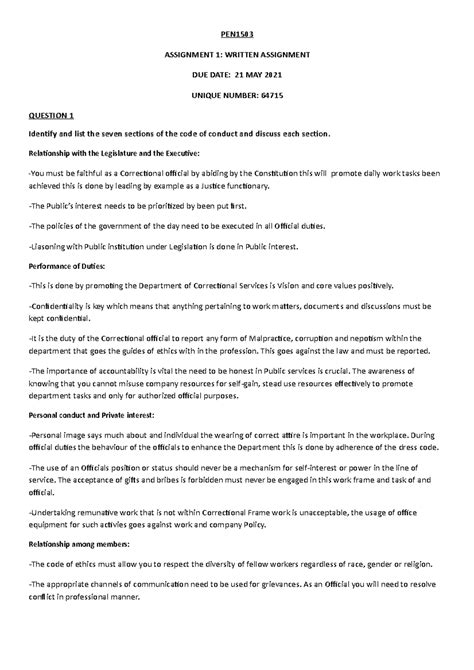 Pen1503 Assignment 01 Pen Assignment 1 Written Assignment Due Date