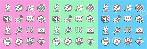 set line world globe with compass laptop location marker globe flying