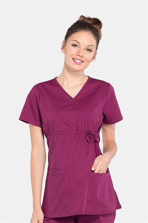 Cherokee Originals Womens Maternity Mock Wrap Scrub Top Wine Simon