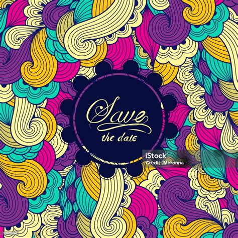 추상 장식 화려한 상세한 낙서 장식으로 초대 카드 카드 텍스트 공간 생생한 꽃 요소 파도와 구름에 대 한 템플릿 프레임 디자인 0명에 대한 스톡 벡터 아트 및 기타 이미지