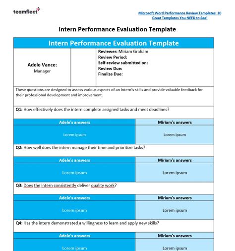 Intern Review Template Excel And Word Measure Potential