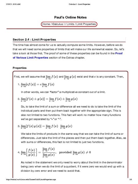 Calculus I Limit Properties Pdf Trigonometric Functions