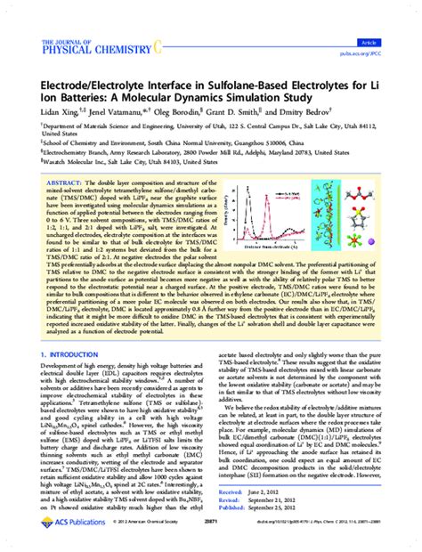 Pdf Electrodeelectrolyte Interface In Sulfolane Based Electrolytes For Li Ion Batteries A