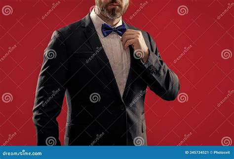 Man Wear Tux Formal Suit Cropped View Man In Tux Isolated On Red Background Stock Image