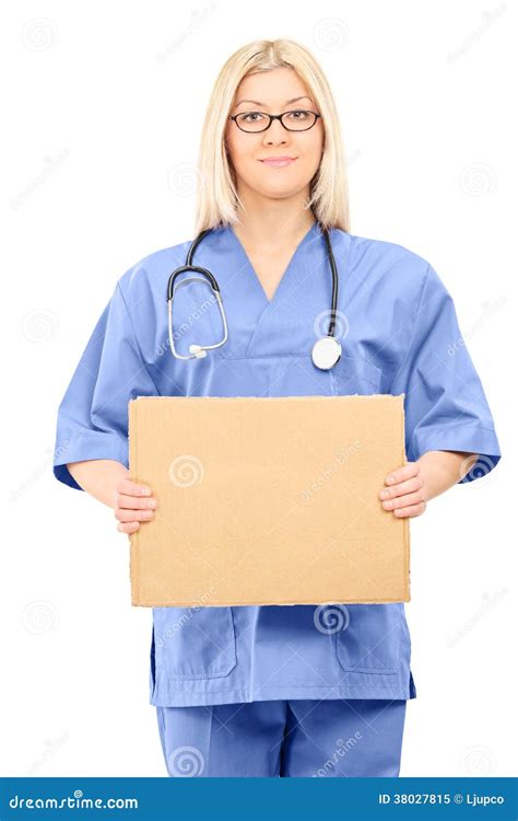 Female Doctor Holding A Blank Carton Sign Stock Image Image Of