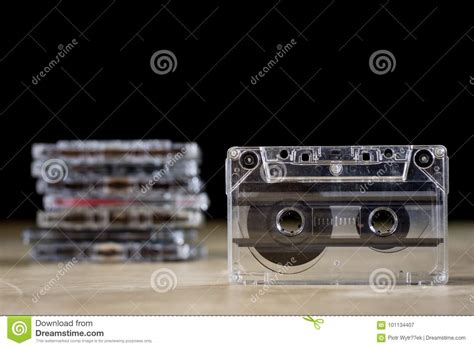 Cassette Tape On A Wooden Table Old Good Music From The 80`s Stock