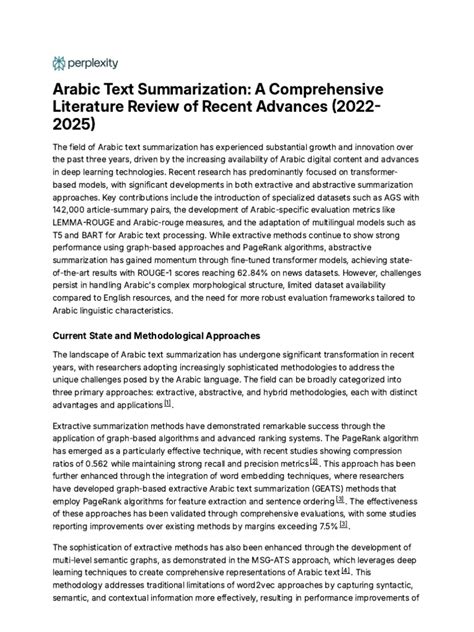 Arabic Text Summarization A Comprehensive Literat Pdf Computing
