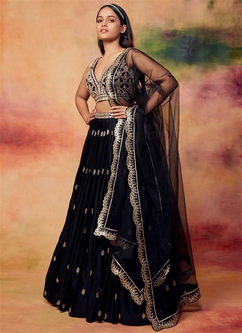 Black And Gold Embroidered Satin Lehenga Lashkaraa