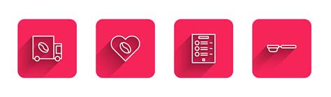 세트 라인 커피 스트리트 트럭 머신 연인 메뉴 및 긴 그림자가 있는 필터 홀더 빨간색 사각형 버튼 벡터 거리에 대한 스톡 벡터 아트 및 기타 이미지 Istock