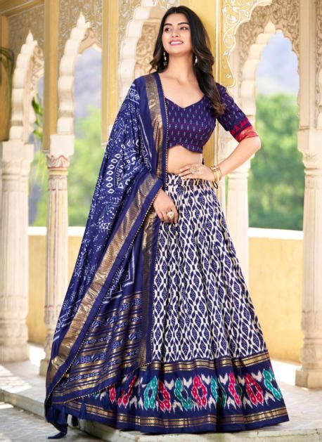 Buy Navy Blue Tussar Silk Ikkat Print Navratri Wear Lehenga Choli