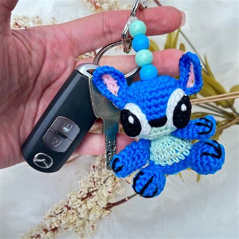 Crocheted Lilo And Stitch Keychain Amigurumi Blue Made Of Wool Etsy