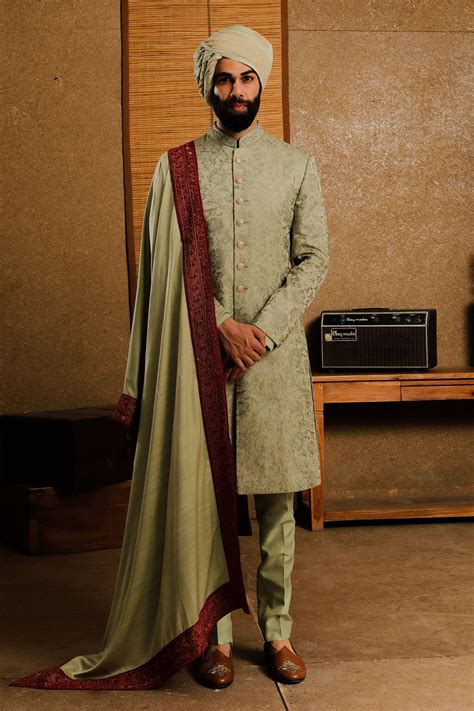 Buy Punit Arora Green Silk Mandarin Collar Embroidered Sherwani Set