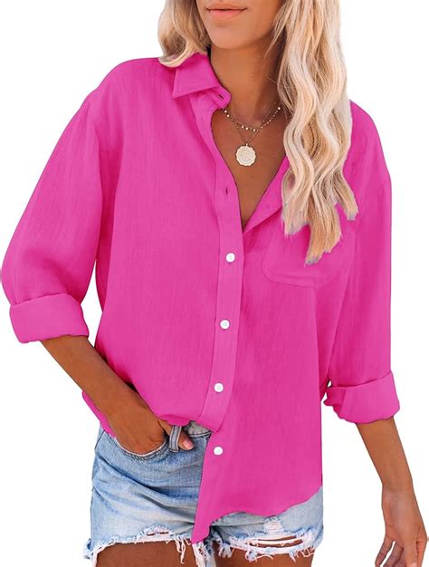 Hot Pink Button Up Blouse Linen Shirts For Women Buy Divine Blouses