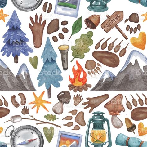 손 그리기 수채화 캠핑 개체 원활한 패턴 포스터 인쇄 카드 엽서 직물 직물 템플릿 디자인 전단지에 사용 그래픽 프린트에 대한 스톡 벡터 아트 및 기타 이미지 Istock