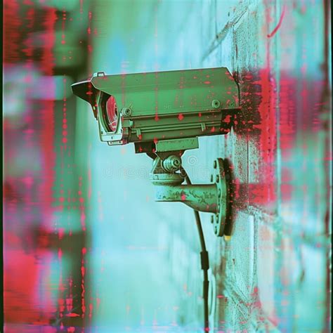 Documentarystyle Image Showcasing A Cctv Camera On A Pole With Vibrant Neoncolored Digital