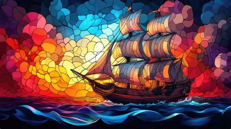 Stained Glass Ship Sailing On Colorful Ocean Waves At Sunset Stock