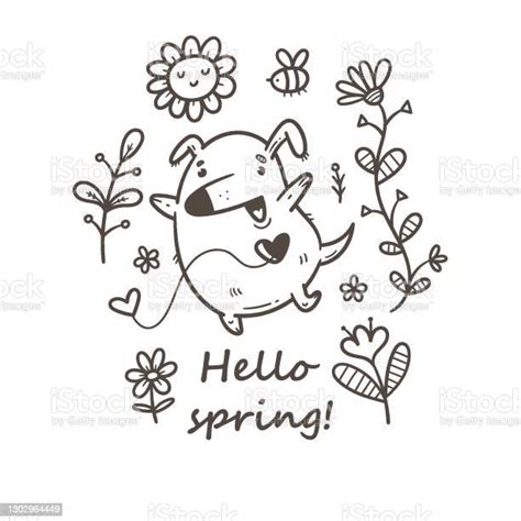 귀여운 만화 강아지와 식물 카드 낙서 꽃 포스터 개와 스프링 벡터 인쇄 3월에 대한 스톡 벡터 아트 및 기타 이미지 3월 4월 5월 Istock