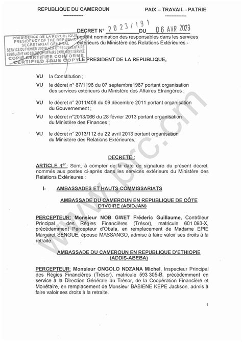 Décret N°2023191 Du 06 Avril 2023 Portant Nomination Des Responsables