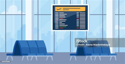 빈 공항 도착 대기실 또는 의자와 안내 패널이 있는 출발 라운지 큰 공항 창문이 있는 터미널 홀 벡터 일러스트 레이 션입니다 공항에 대한 스톡 벡터 아트 및 기타 이미지