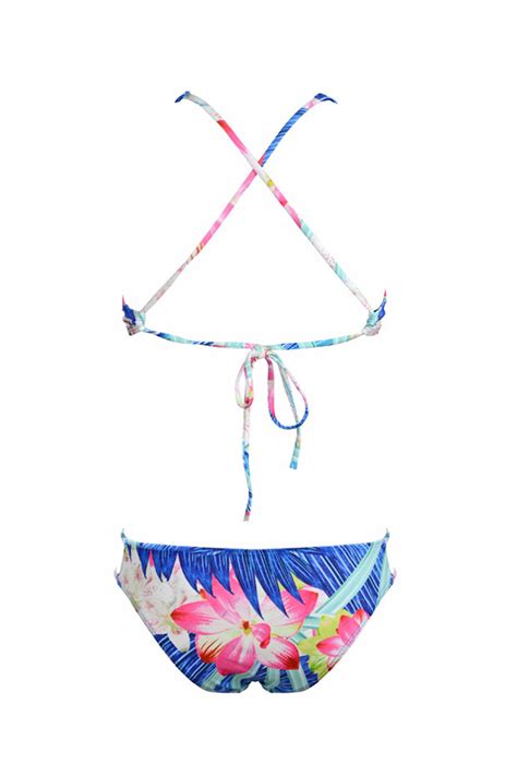 Iyasson Floral Printing Trendy Sport Style High Neck Bikini Top With D