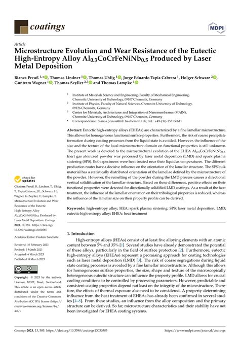 Pdf Microstructure Evolution And Wear Resistance Of The Eutectic High Entropy Alloy Al03