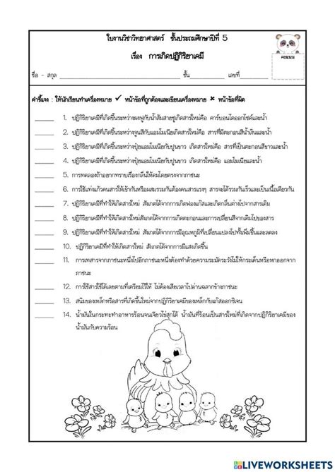 ใบงาน เรื่อง การเปลี่ยนแปลงทางเคมี Worksheet ห้องเรียนวิทยาศาสตร์