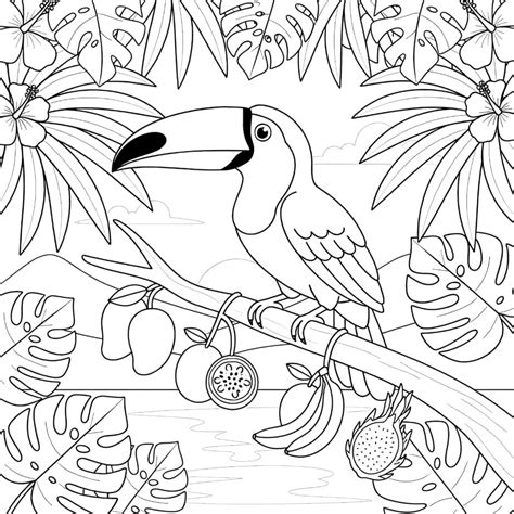 Toucan With Tropical Fruit Coloring Page Coloring Pages Mimi Panda