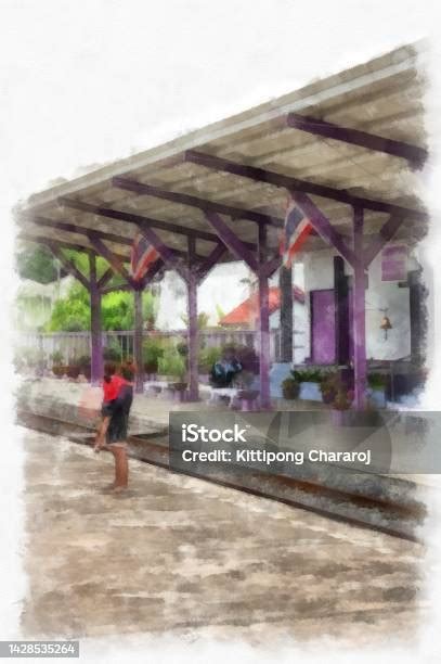 태국 열차는 기차역 수채화 스타일 일러스트 인상파 그림에서 정차합니다 건축에 대한 스톡 벡터 아트 및 기타 이미지 건축