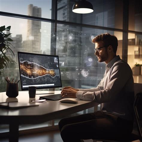 A Man Sits At A Desk In Front Of A Computer Premium Ai Generated Image