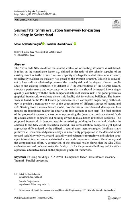 Pdf Seismic Fatality Risk Evaluation Framework For Existing Buildings In Switzerland