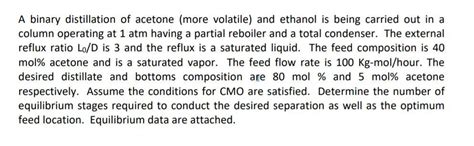 Solved A Binary Distillation Of Acetone More Volatile And